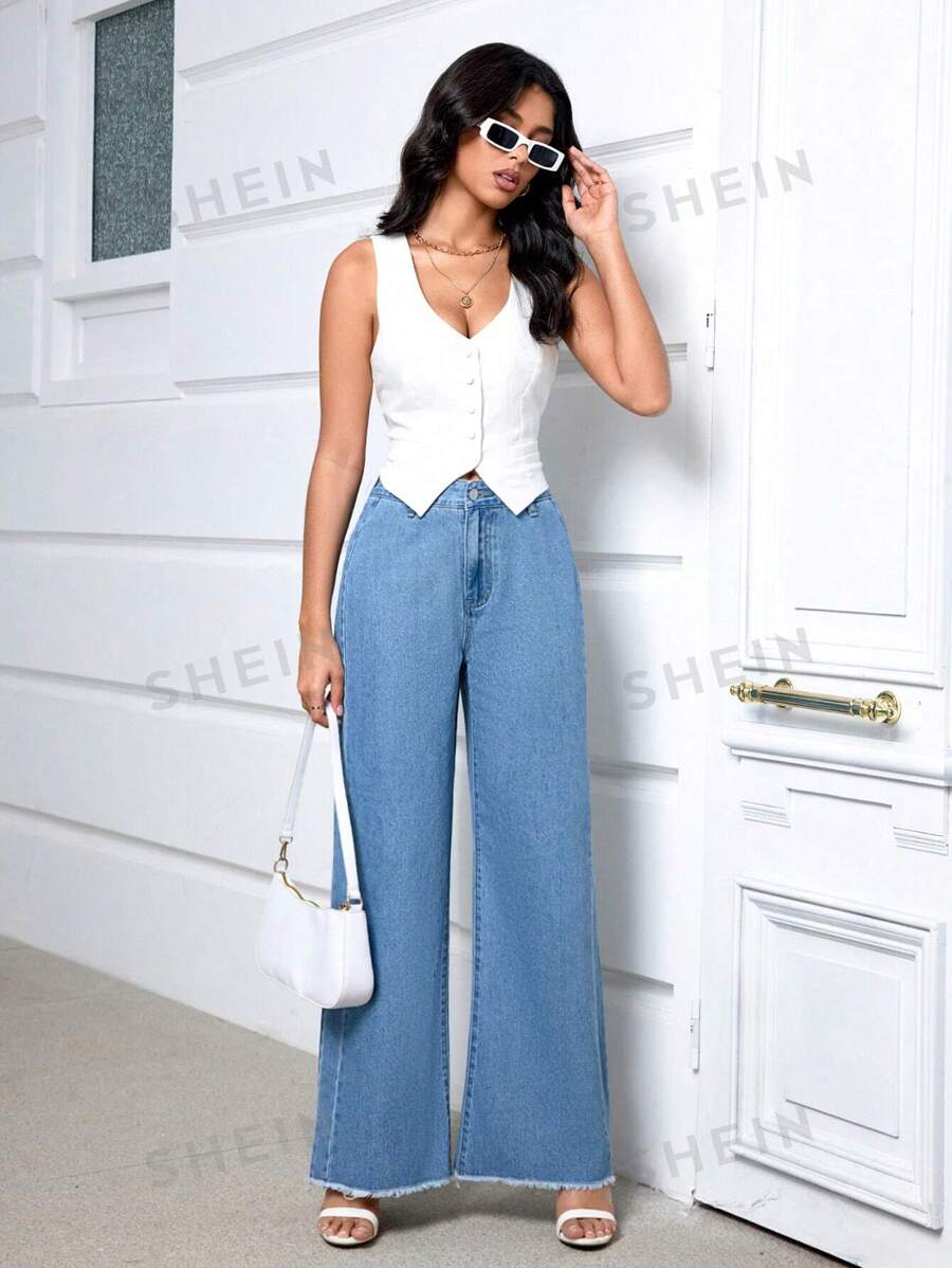 SHEIN Essnce Women's Solid Color Frayed Edge Denim Jeans With Side Pockets And Button Closure ...