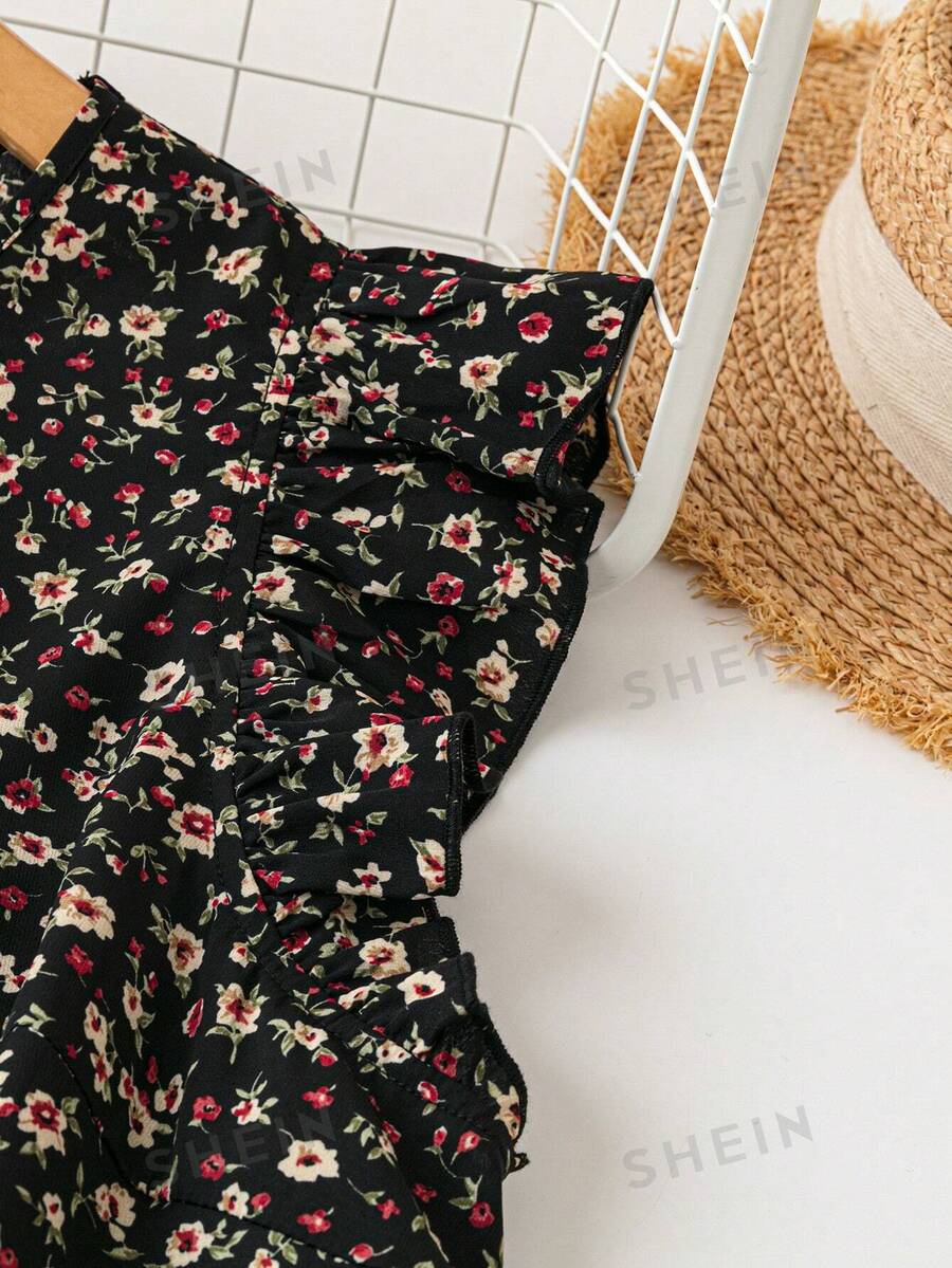 SHEIN LUNE Plus Size Holiday Casual All-Over Ditsy Floral Short Flutter ...