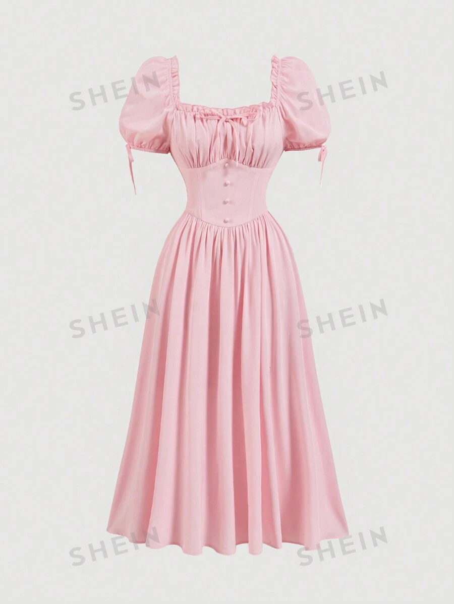 SHEIN MOD Pink Palace Style Girl Dresses With Square Neckline, Puff ...