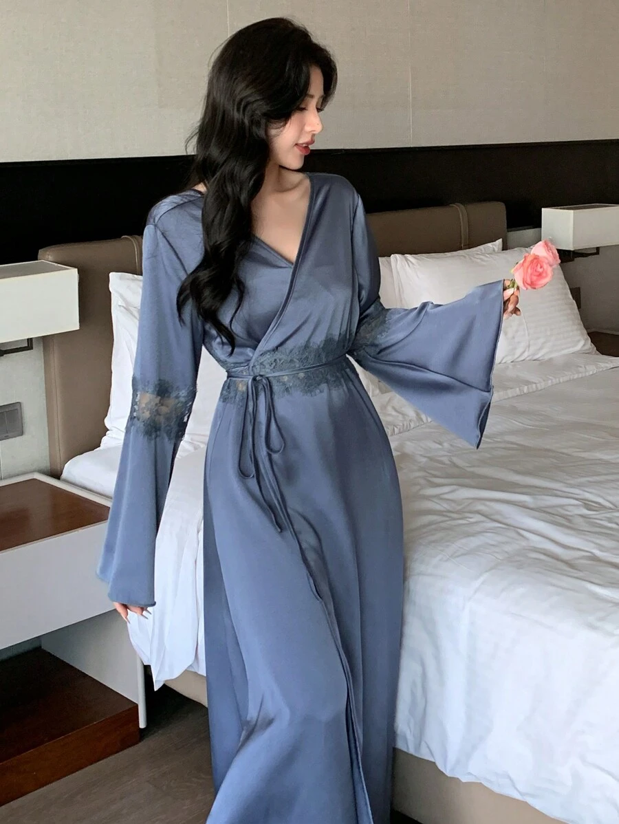 DAZY Long Lace Trimmed V-Neck Kimono Sleeve Wrap Sleepwear | SHEIN USA