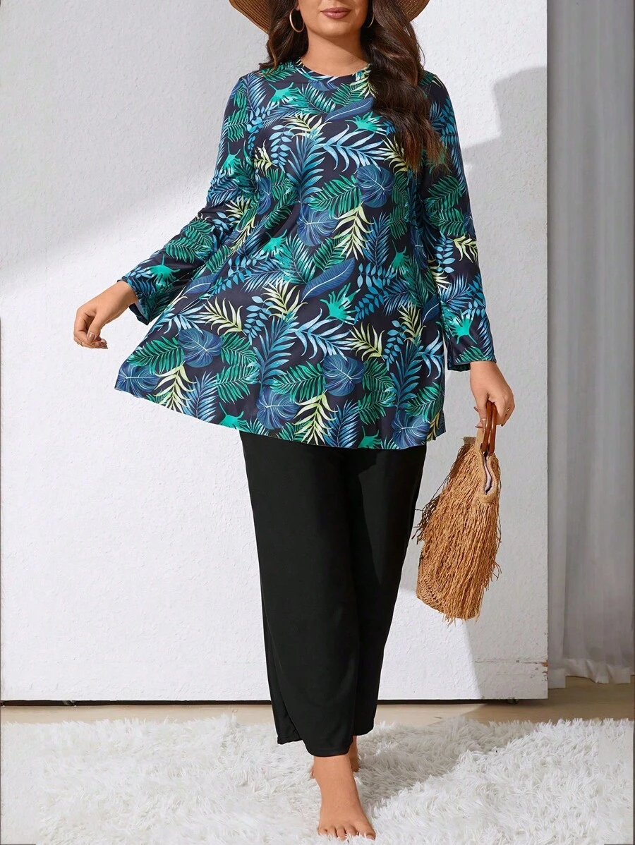 SHEIN Swim Mulvari Summer Beach Plus Size Tropical Print Long Sleeve ...
