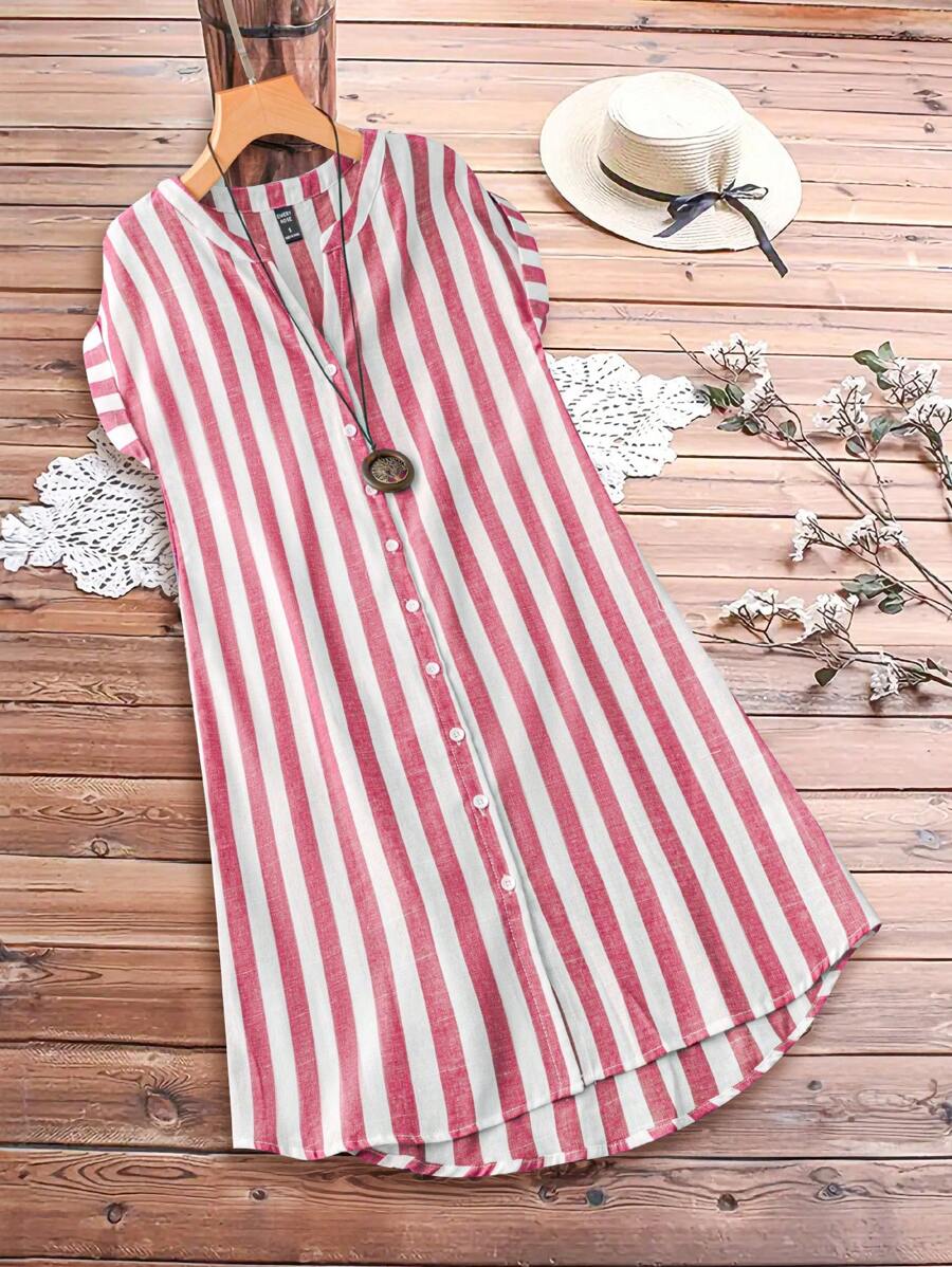 EMERY ROSE Summer Casual Short Sleeve Striped V-Neck Knee Length Shirt Dress For Women | SHEIN USA