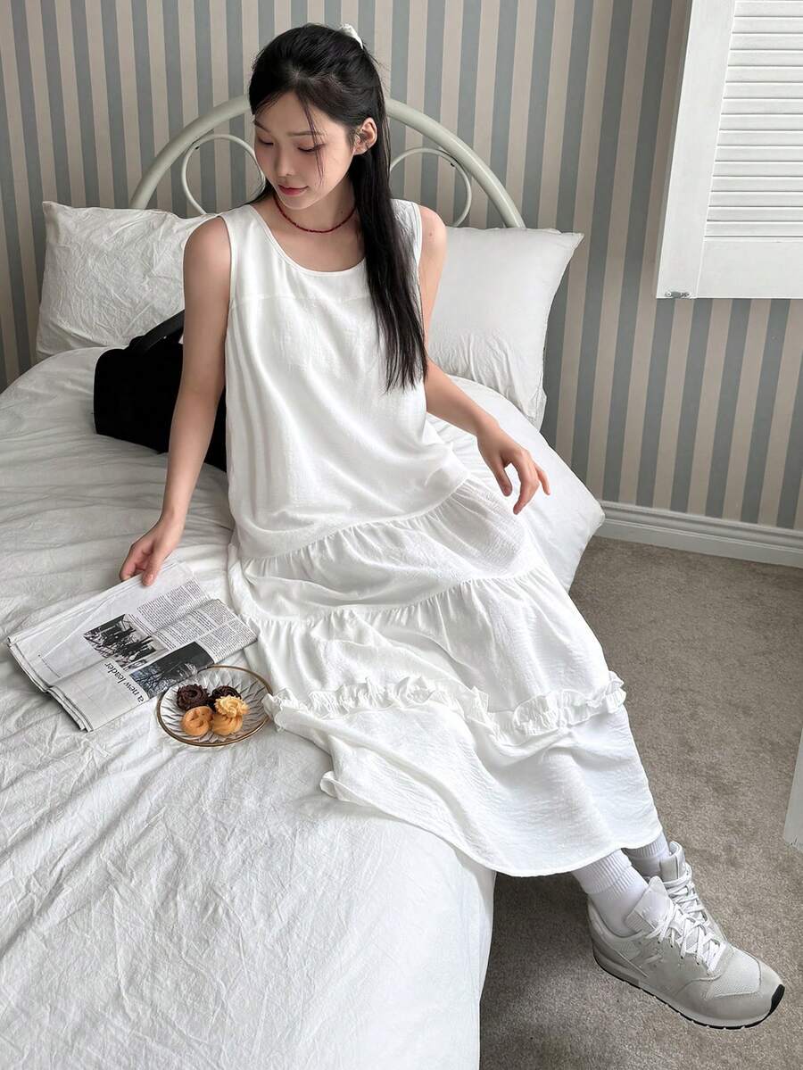 DAZY Vestido de mujer sin mangas con capas de unicolor y gran escote ...