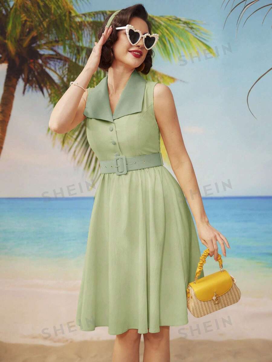 SHEIN DECDS Vintage Holiday Style Dress With Large Lapel And Umbrella ...