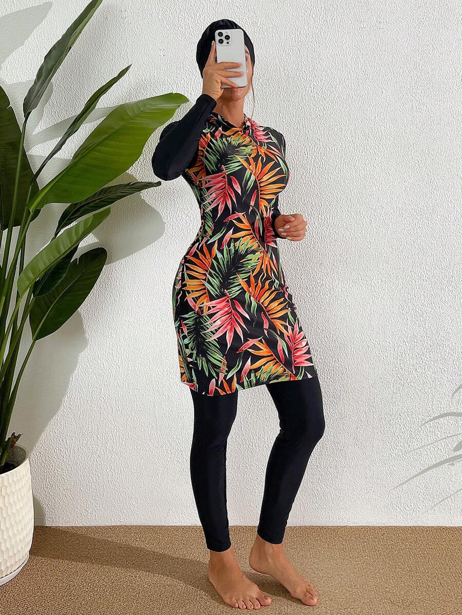SHEIN Swim Mulvari Women's Tropical Printed Patchwork Burkini Set For ...