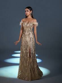 Faeriesty Große Größen Abendkleid mit Pailletten und Plüschbesatz ...