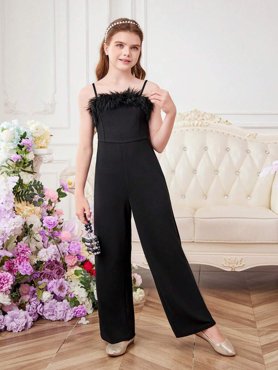 Tween Girl Graduation Prom Jumpsuit With Faux Fur Collar, Woven And ...