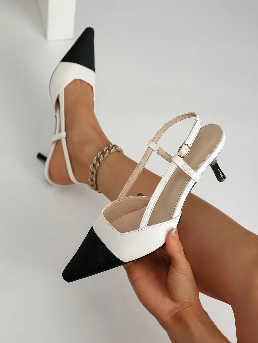 Ladies' High Heel Pointed Black & White Mixed Color Back Strap Shoes ...