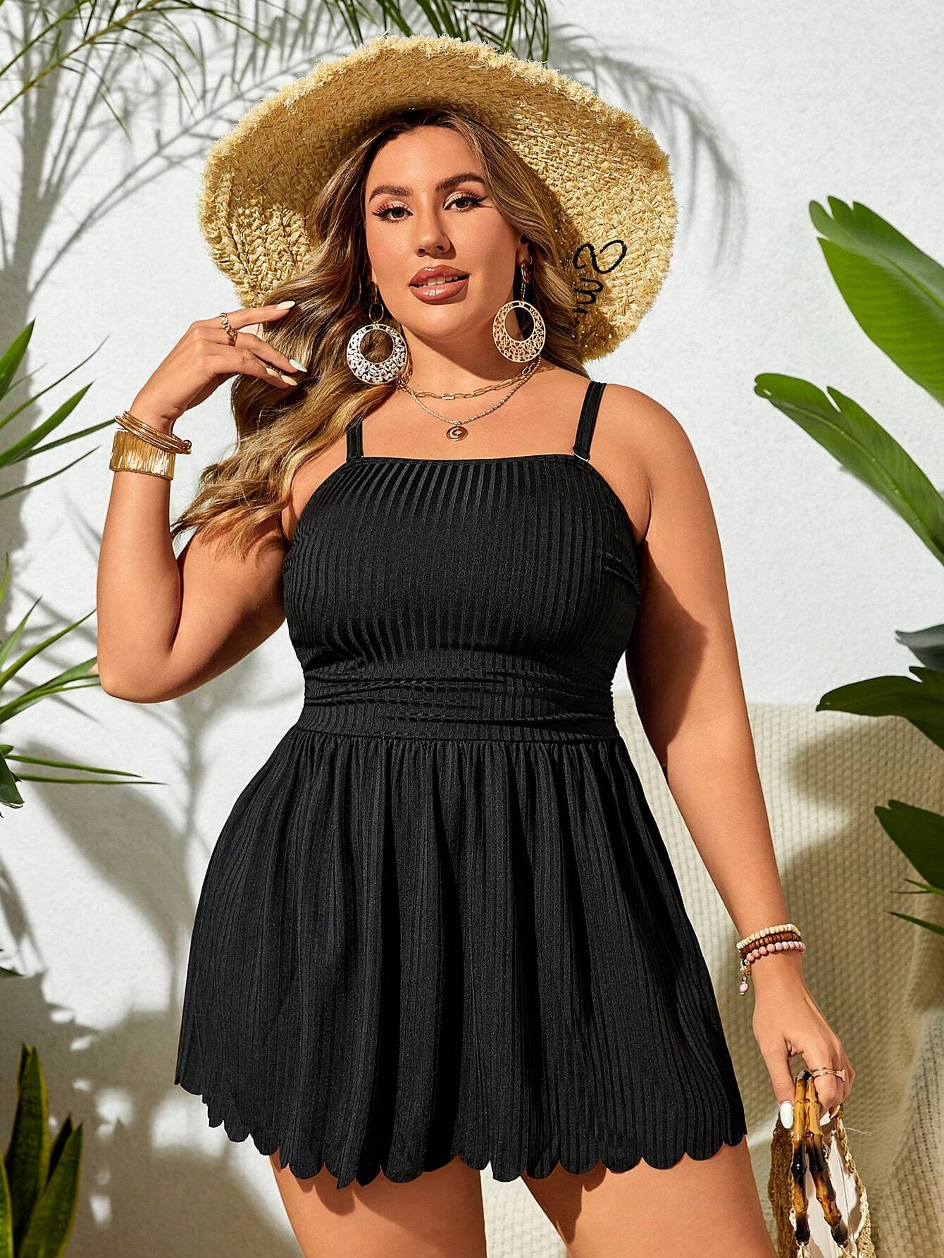 SHEIN Swim Curve Plus Size Summer Solid Spaghetti Strap Swim Dress With ...