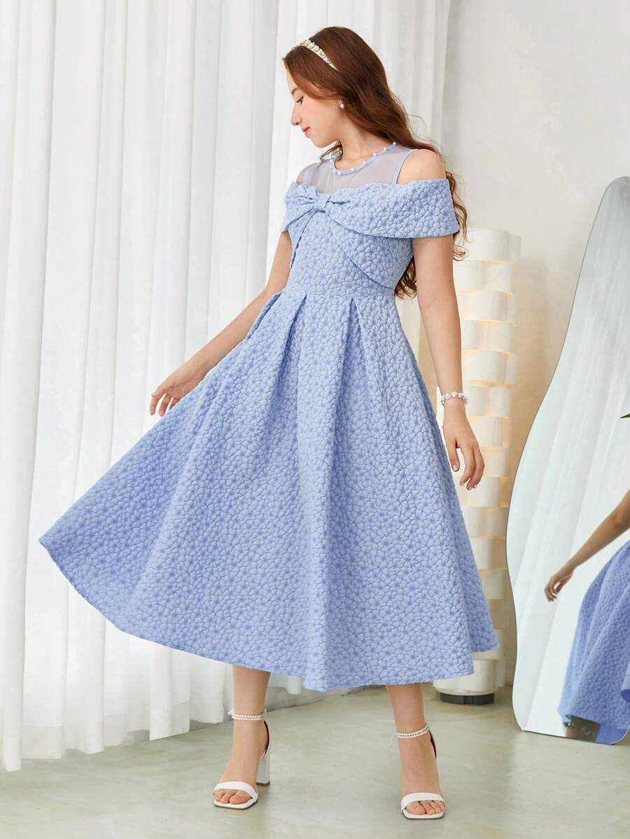 SHEIN Teen Girl Woven Net Dress With Embroidery, Bow And Off-Shoulder ...