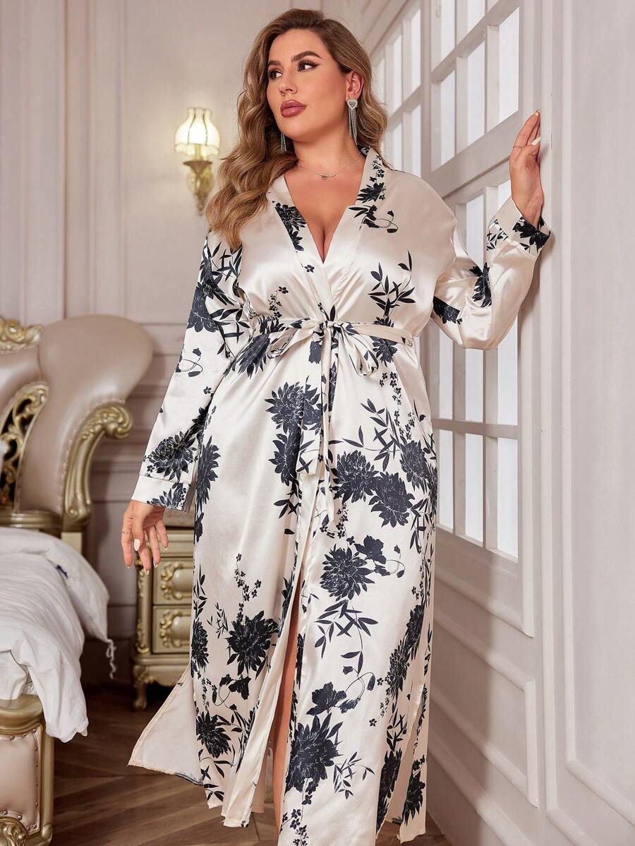 LuxeNights Plus Satin Floral Belted Split Hem Robe | SHEIN USA