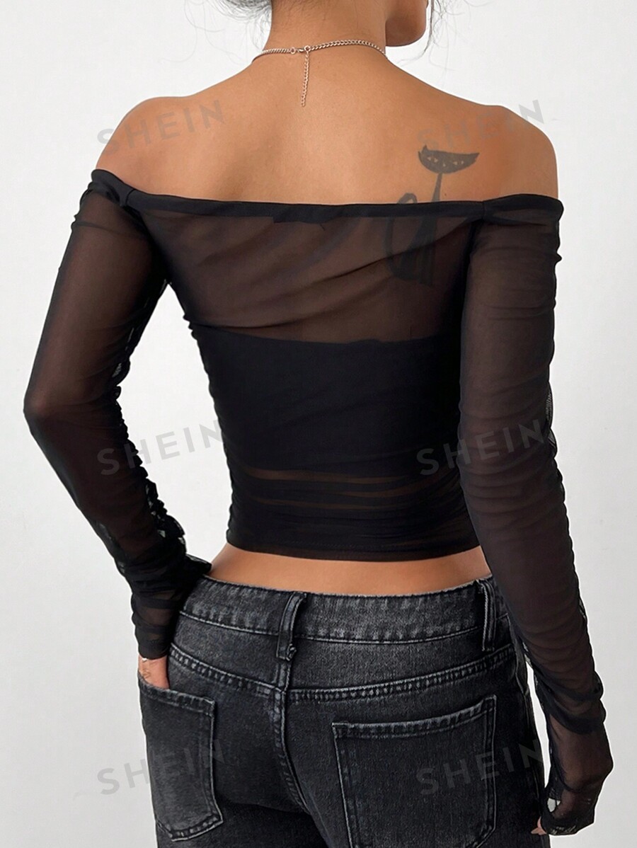 SHEIN EZwear Mesh Off Shoulder Ladies' Solid Color See-Through Long ...