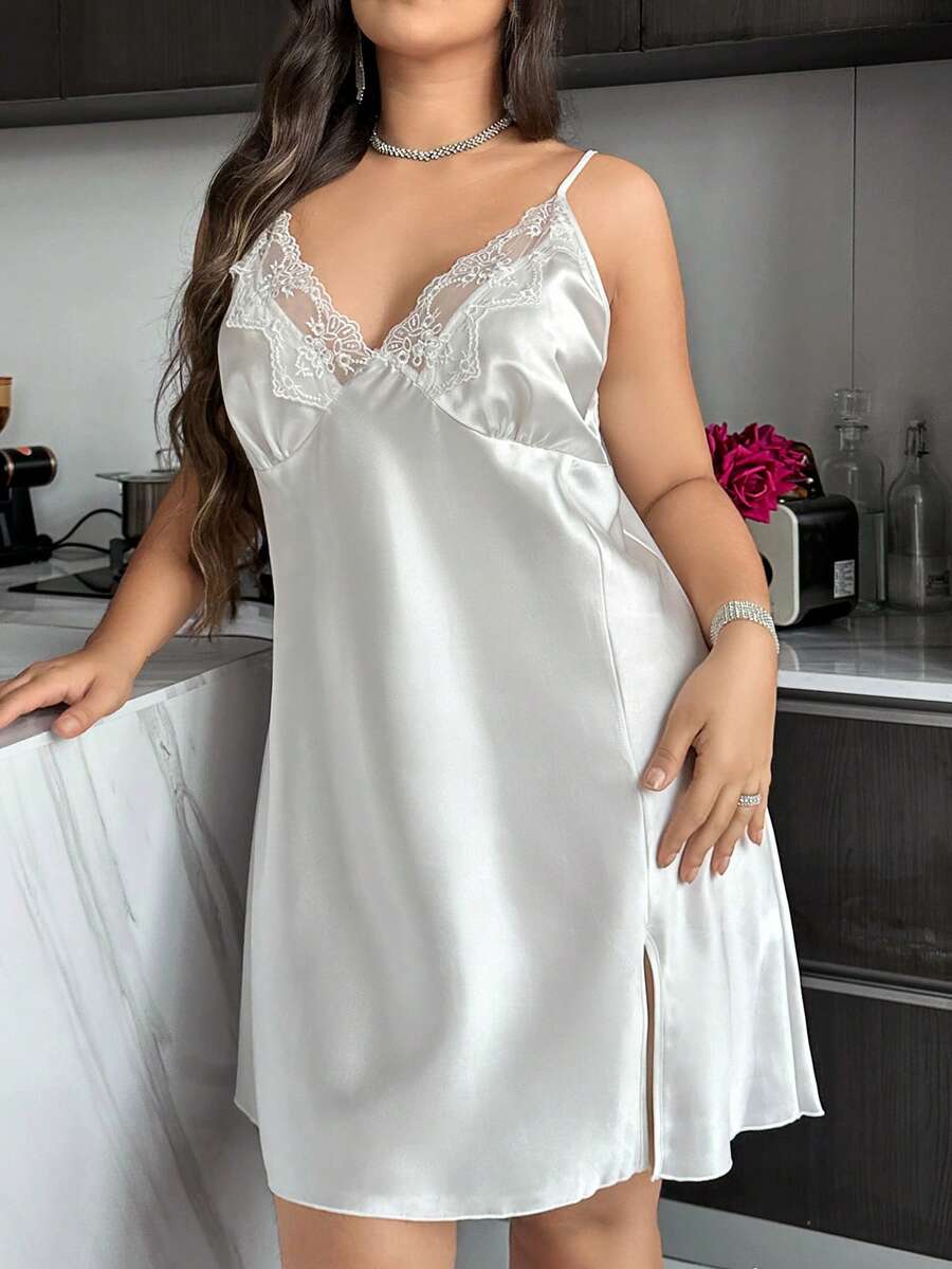 SilkySpell Lace Patchwork Satin Plus Size 2pcs/Set Camisole Nightdress ...