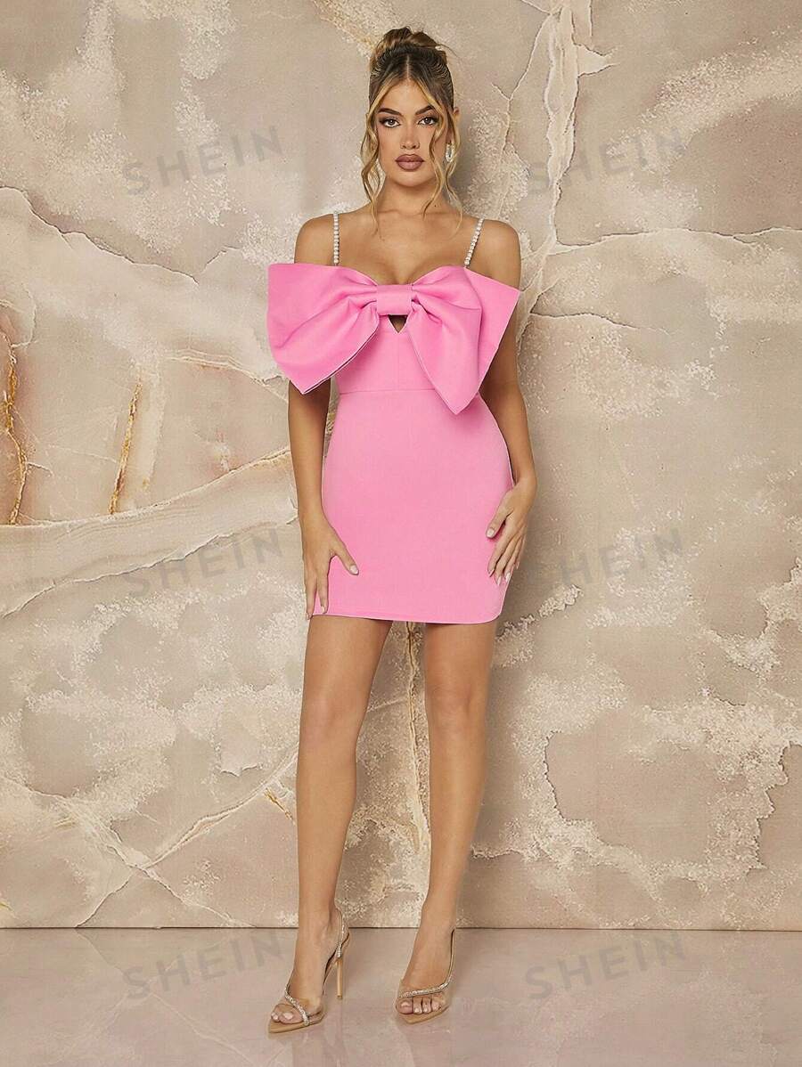 SHEIN Haute Exaggerated Bow Faux Pearl Dress | SHEIN USA