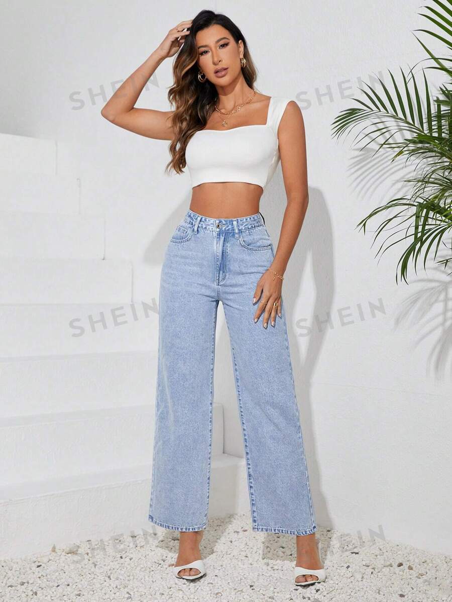 SHEIN Tall Women's Solid Color Simple Daily Straight Leg Jeans, Washed ...