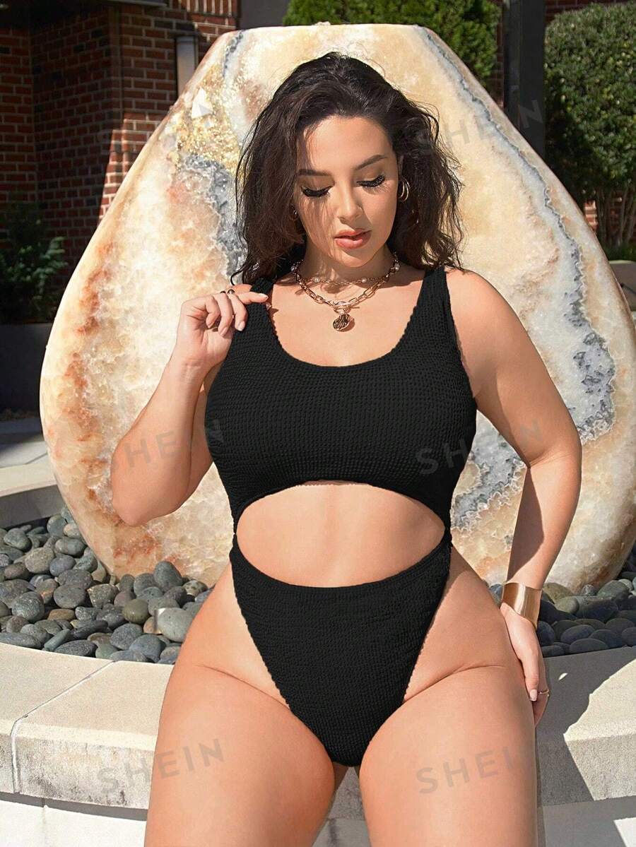 SHEIN Swim Curve Plus Size Summer Beach Solid Color Hollow Out Waist Sexy One-Piece Swimsuit For ...