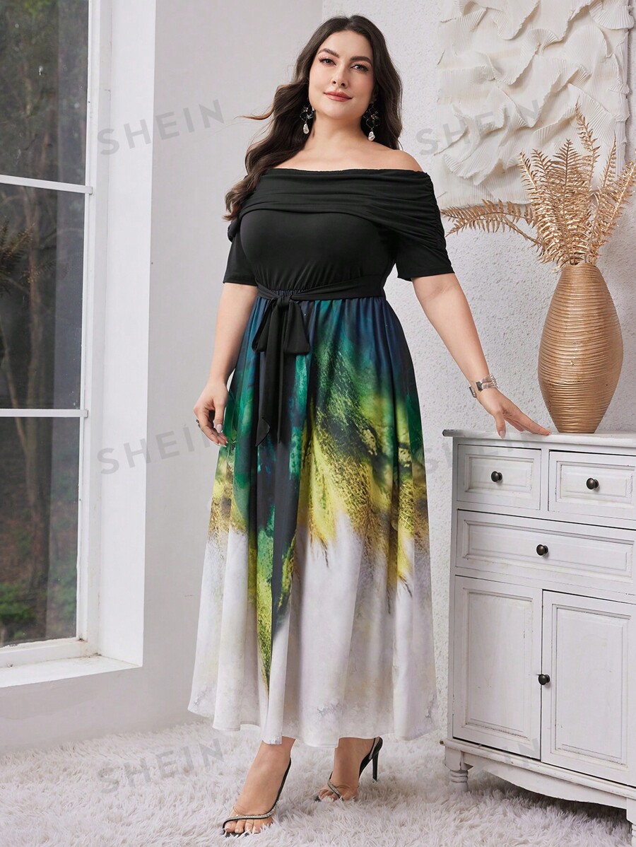 SHEIN Modely Plus Size Elegant Tie-Dye Off-Shoulder Empire Waist Dress For Summer | SHEIN USA