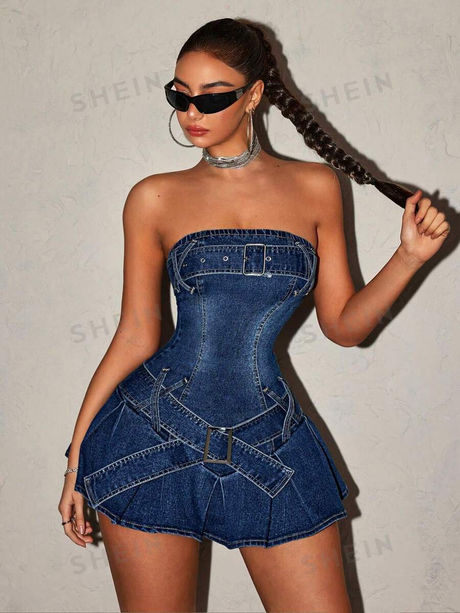 SHEIN ICON Women's Summer Washed Pleated Slim Fit Mini Strapless Denim ...