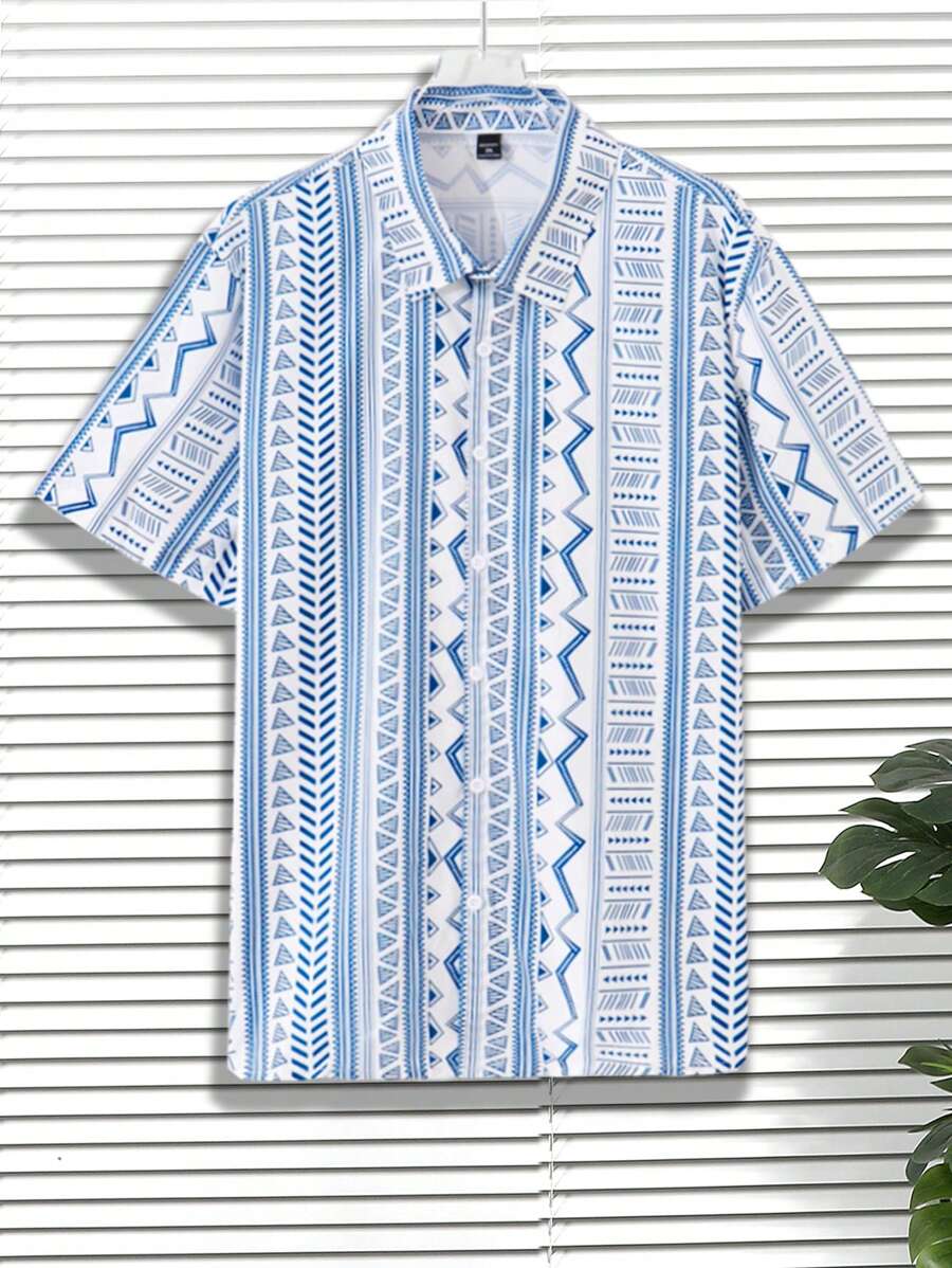 Manfinity RSRT Plus Size Geometric Pattern Printed Short Sleeve Shirt ...