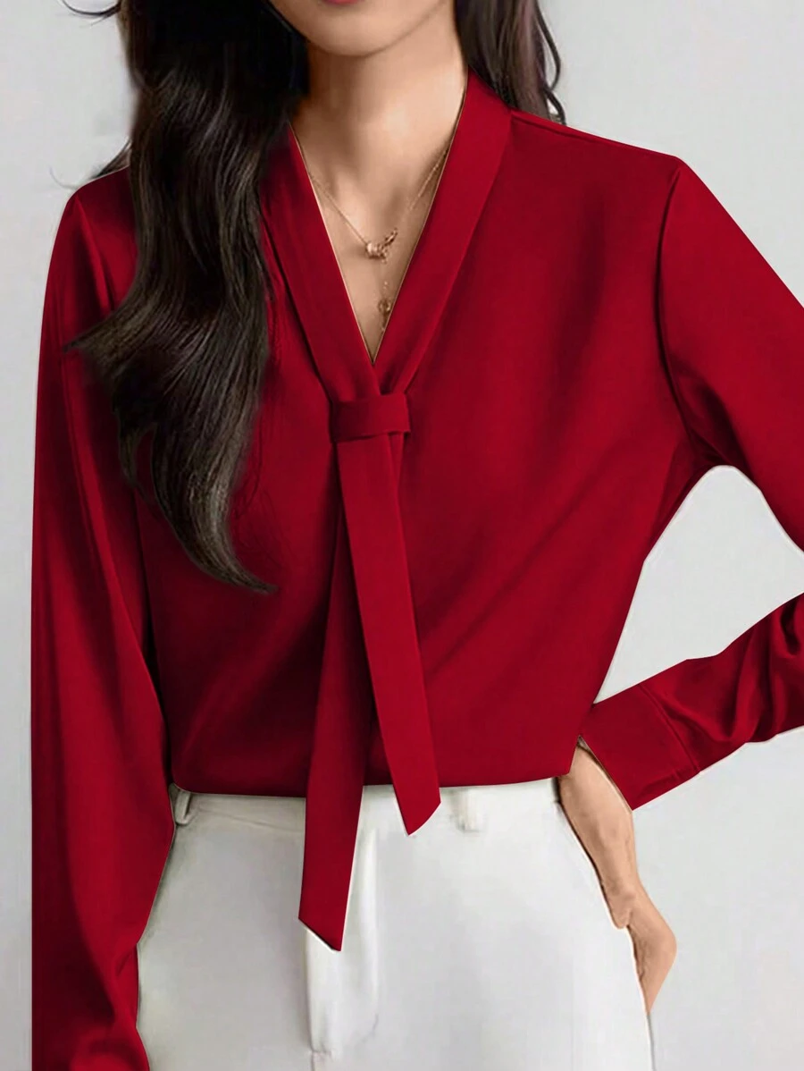 INAWLY Ladies' Solid Color Simple Daily V-Neck Long Sleeve Shirt Fall ...