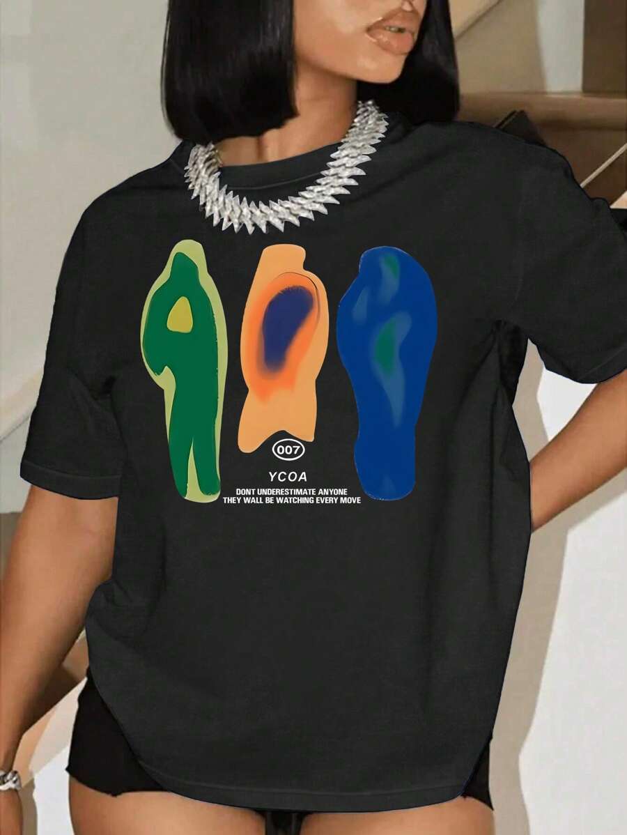 SHEIN EZwear Camiseta casual de cuello redondo holgada de verano para mujer con manga corta y ...