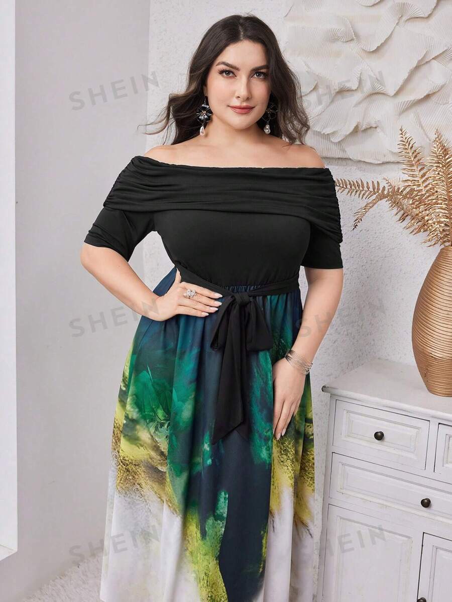 SHEIN Modely Plus Size Elegant Tie-Dye Off-Shoulder Empire Waist Dress ...