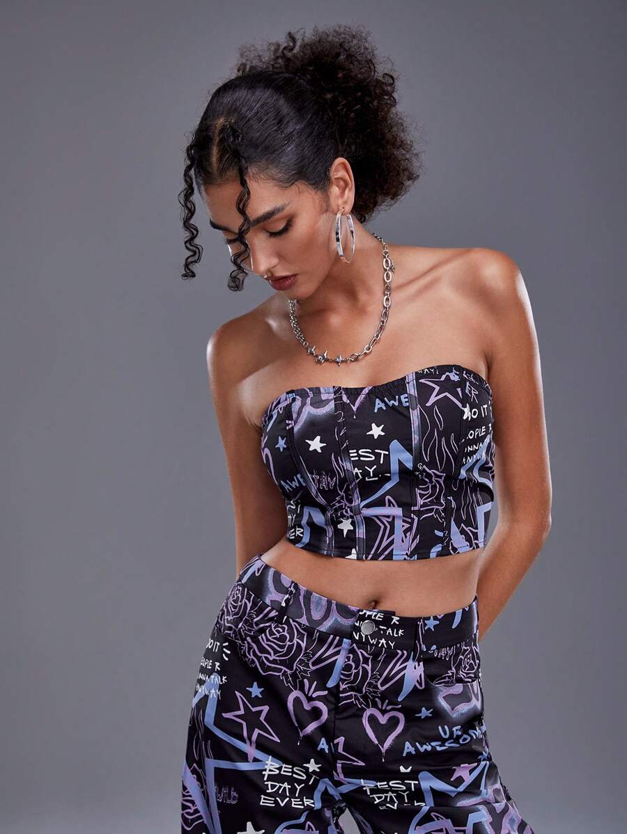 Studio Mila Sanchez Nechines Artist Y2K Casual Printed Bustier Crop Top For Women, For Summer ...