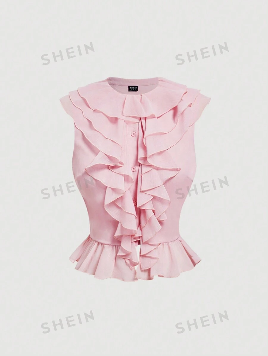 SHEIN MOD Vintage Pink Chiffon Shirt With Ruffle Collar And Pleated ...