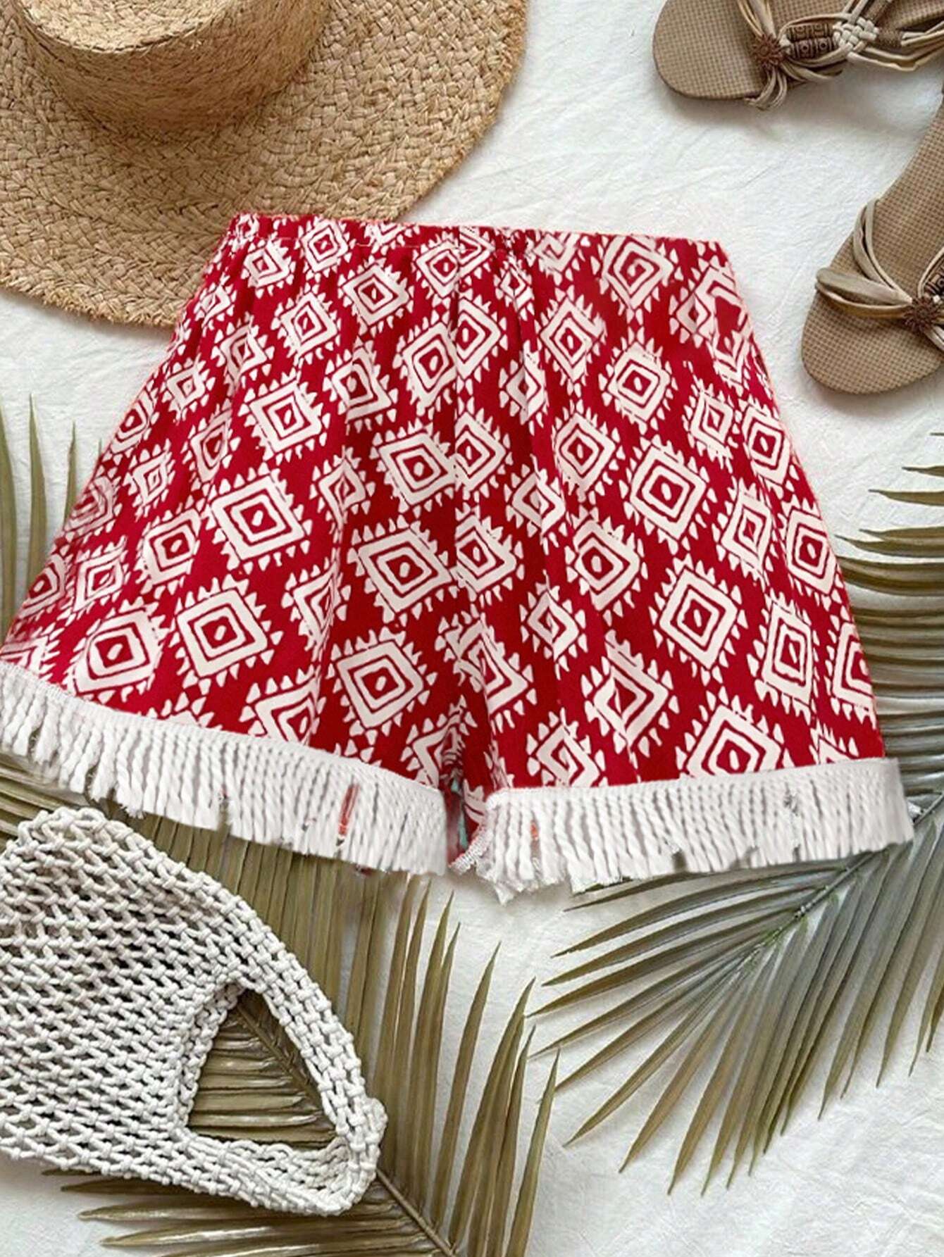 SHEIN Frenchy Fully Printed Fringe Shorts, Linen Shorts, Loose Fit ...