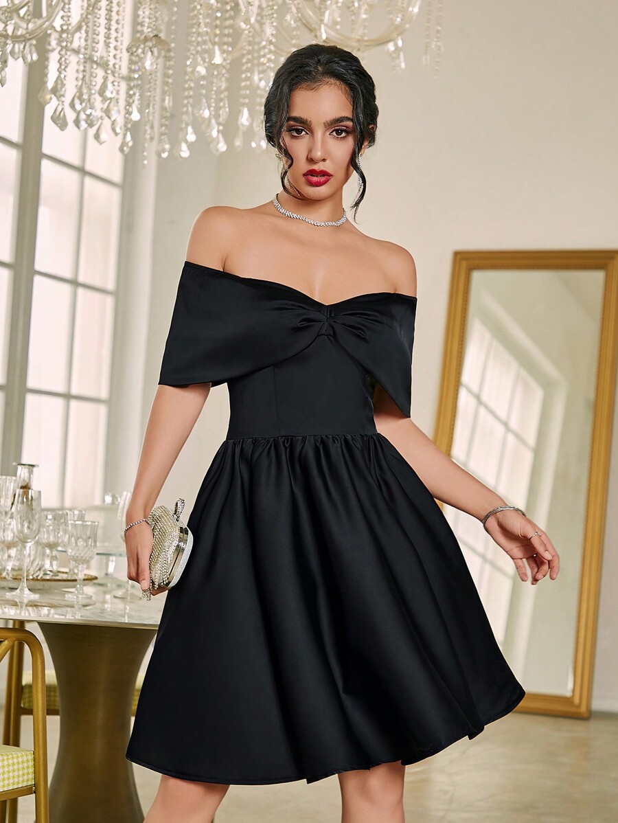 SHEIN Belle Elegant Satin Off Shoulder A-Line Party Dress Cocktail Semi ...