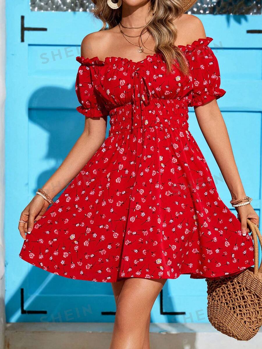 SHEIN VCAY Holiday Off Shoulder Ruffle Trim High Waist Beach Dress For ...