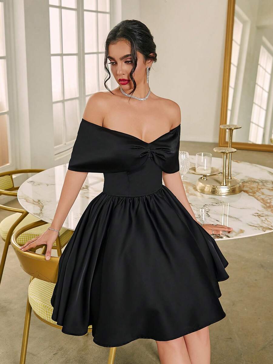SHEIN Belle Elegant Satin Off Shoulder A-Line Party Dress Cocktail Semi ...