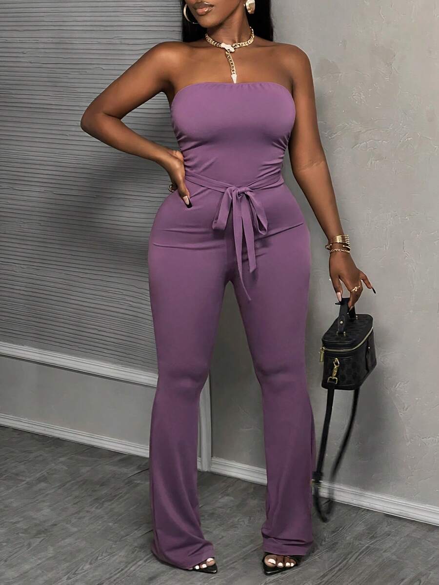 Slaydiva Elegant Purple Waist Belted Halter Flared Jumpsuit/Romper For ...