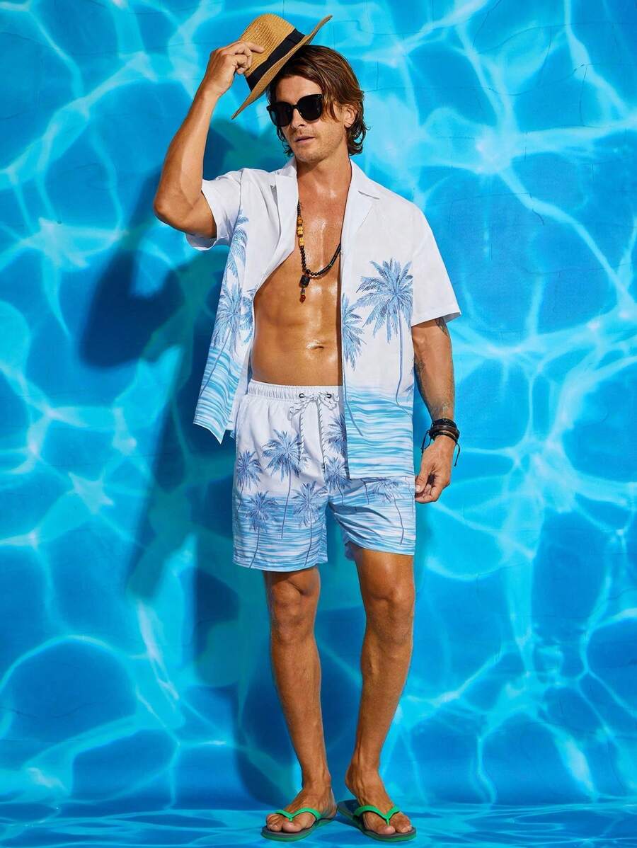 Manfinity Men's Beach Short Sleeve Shirt And Shorts Set, Graphic Beach ...