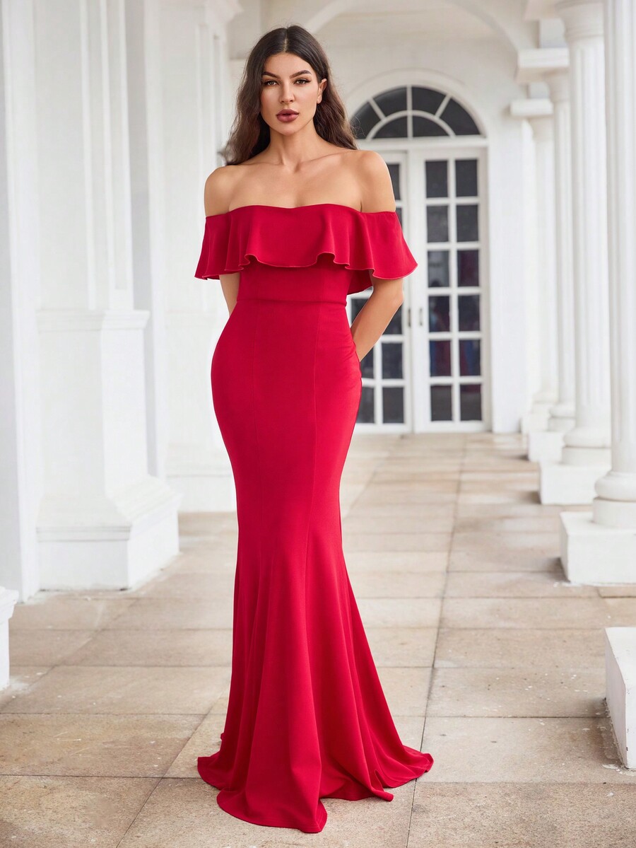 Off Shoulder Red Form-Fitting Christmas Party Maxi Dress | SHEIN EUR