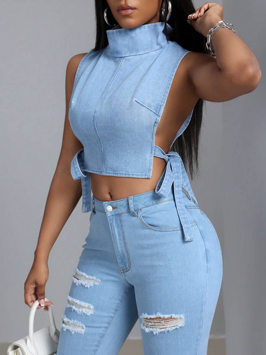 SHEIN SXY Women's Summer Denim Vest With Stand Collar, Side Tie Details ...