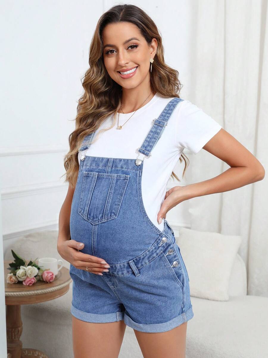 SHEIN Pregnant Women's Solid Color Casual Denim Overalls Shorts, Daily ...