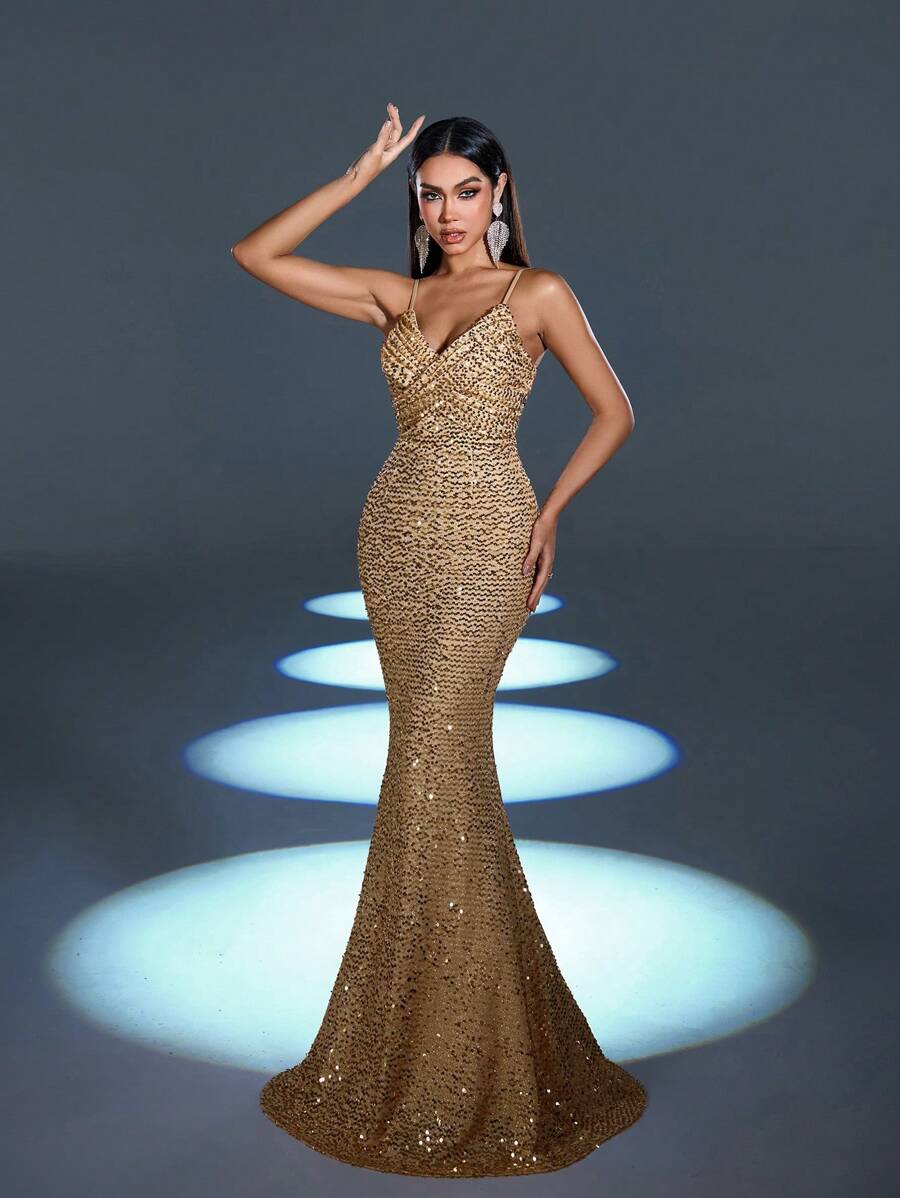 Faeriesty Sequin Cross Wrap Front Mermaid Hem Cami Dress Elegant Formal Evening Wedding Guest ...