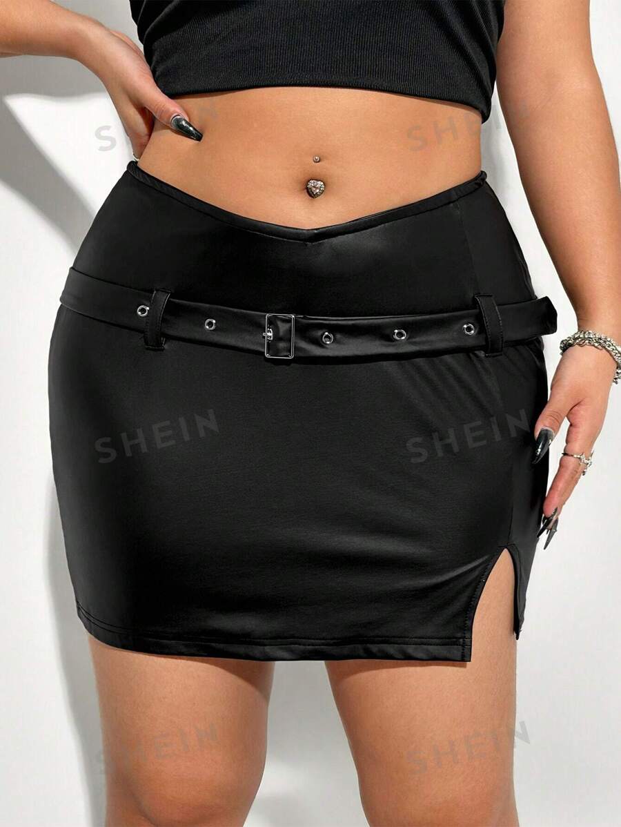 SHEIN ICON Y2k Plus Size Bodycon High Waist Split Hem Skirt With ...