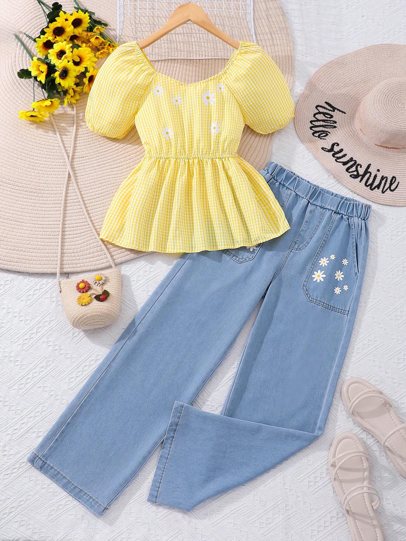 Tween Girl Plaid Daisy Printed Puff Sleeve Shirt With Jeans Set For ...