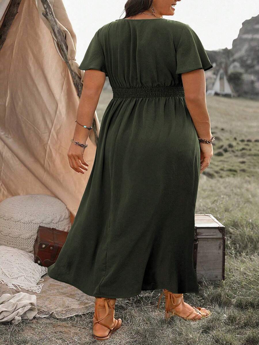 SHEIN CURVE+ Plus Size Solid Color V-Neck Waist Cinched Side Slit Simple Summer Dress Women ...