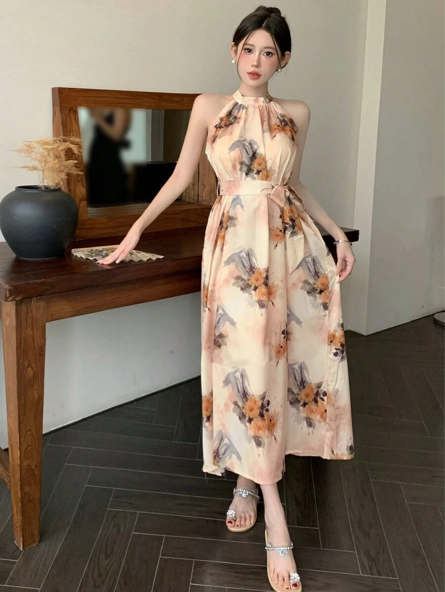 DAZY Women's Summer Elegant Floral Printed Halter Dress | SHEIN UK