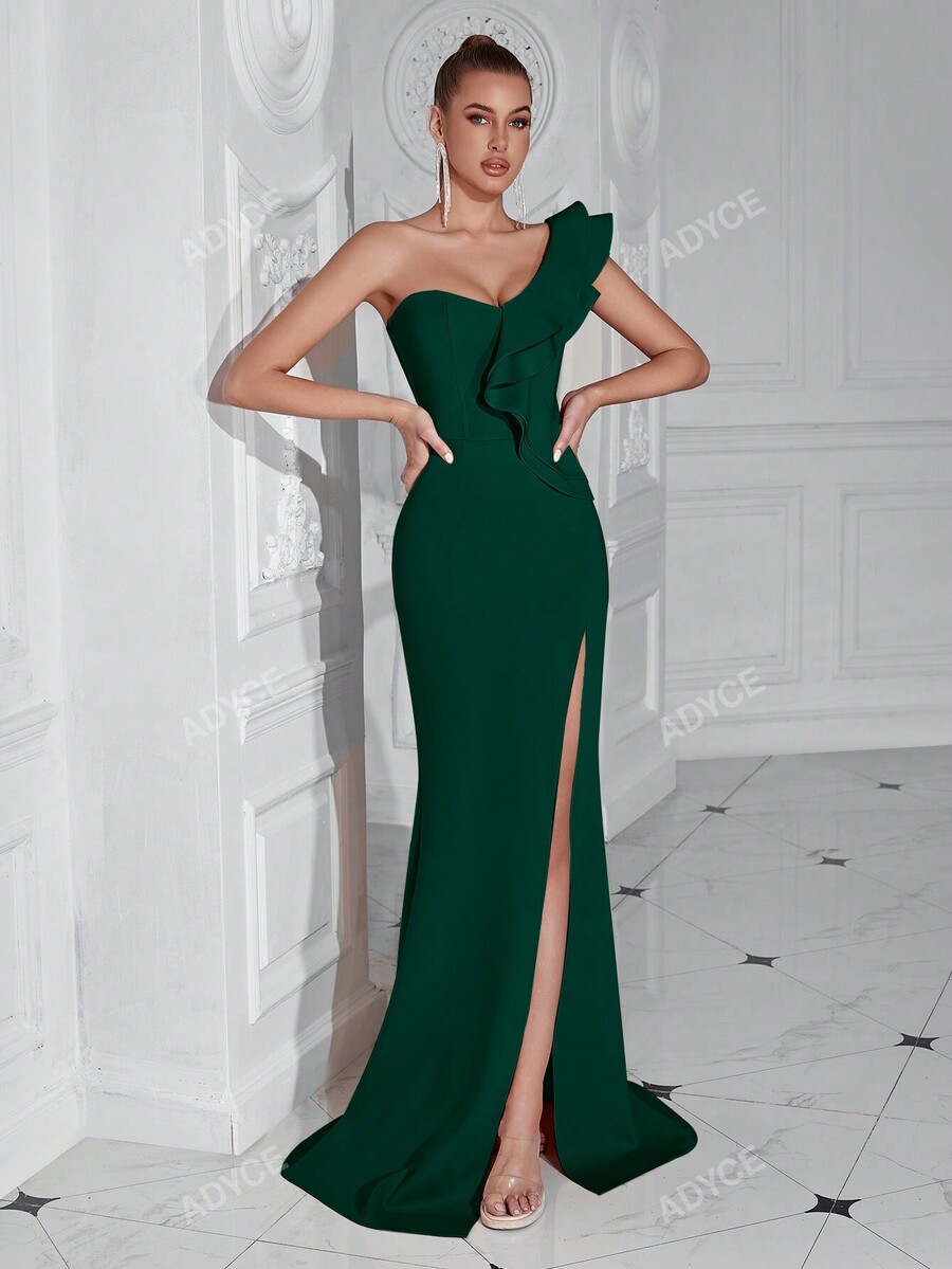 ADYCE One Shoulder Ruffle Trim Split Thigh Cocktail Party Formal Dress, Elegant Prom Evening ...