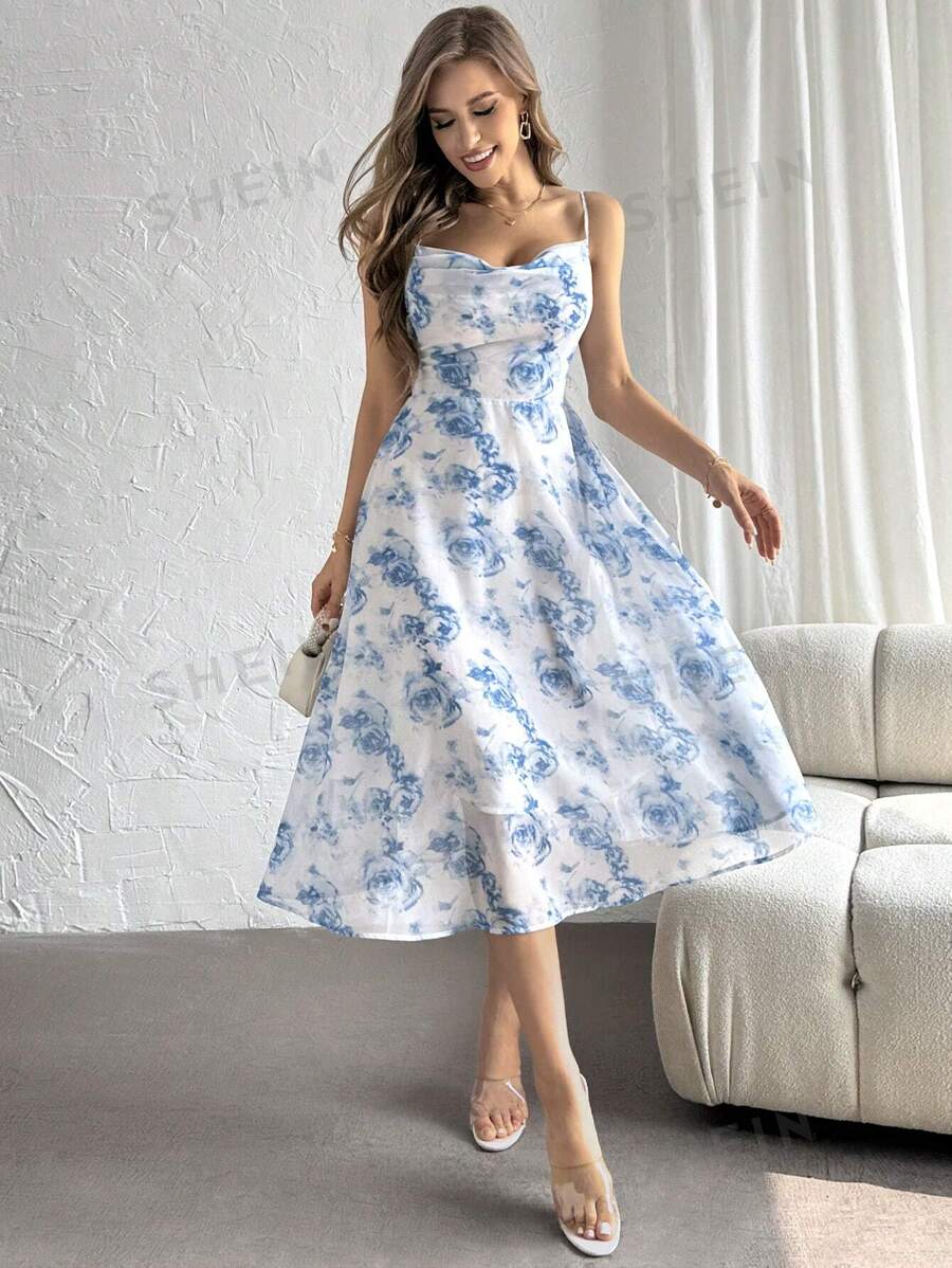 SHEIN Privé Robe longue évasée à taille marquée avec imprimé floral pour femmes, pour l'été ...