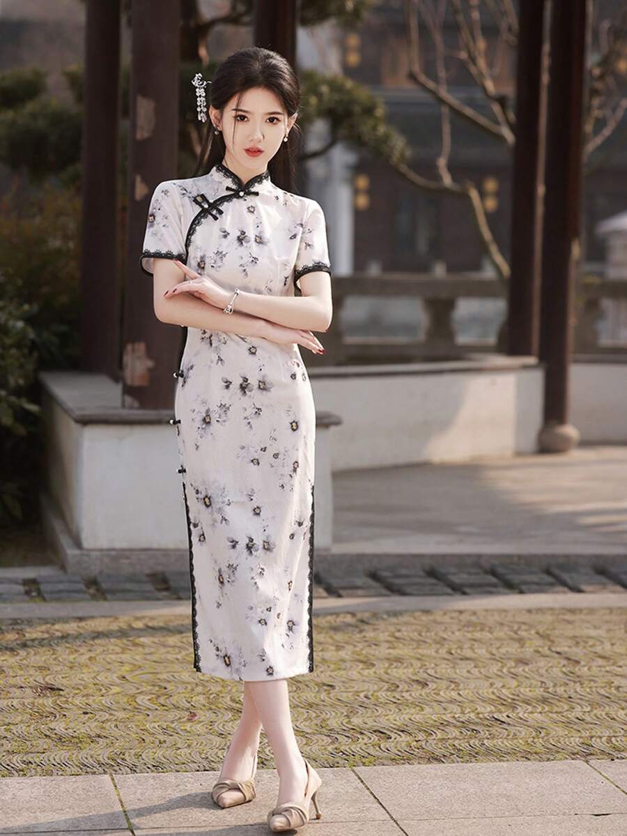 Floral Printed Cheongsam Dress With Lace Paneling, Split Design, And ...