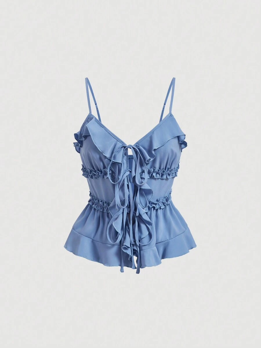 SHEIN MOD Summer Blue Bodycon Ruffle Cup Wireless Bralette With Front ...
