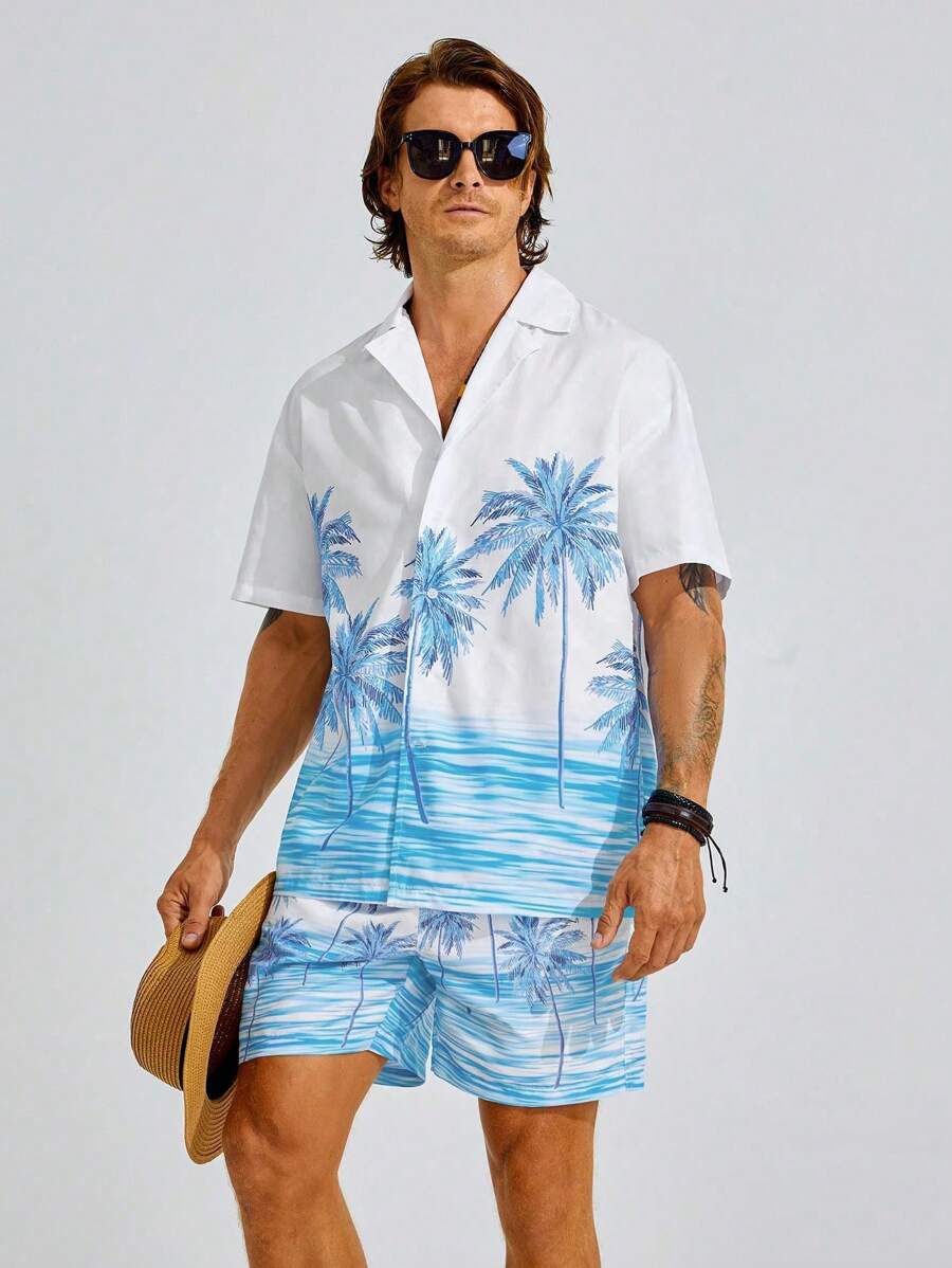 Manfinity Men's Beach Short Sleeve Shirt And Shorts Set, Graphic Beach ...