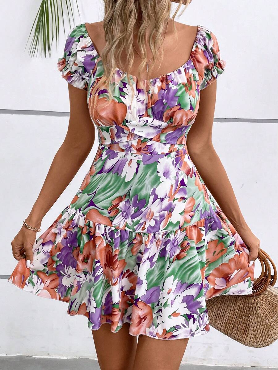 SHEIN Holidaya Robe d'été florale romantique avec encolure carrée et ourlet à volants | Mode en ...