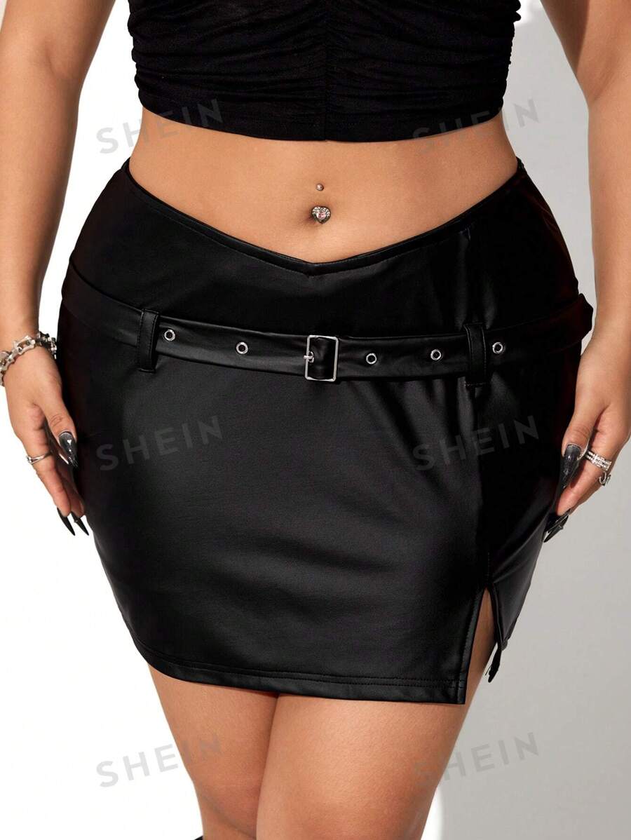 SHEIN ICON Y2k Plus Size Bodycon High Waist Split Hem Skirt With ...