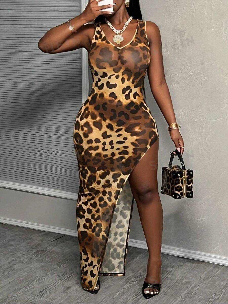 Shein Slayr Street Style Sexy Leopard Print V Neck High Slit Mesh